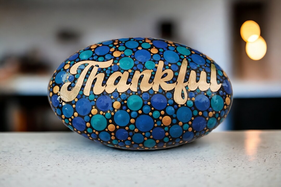 Positivity Stone. "thankful" 8cm Wide. Blue, Green and Gold - Etsy