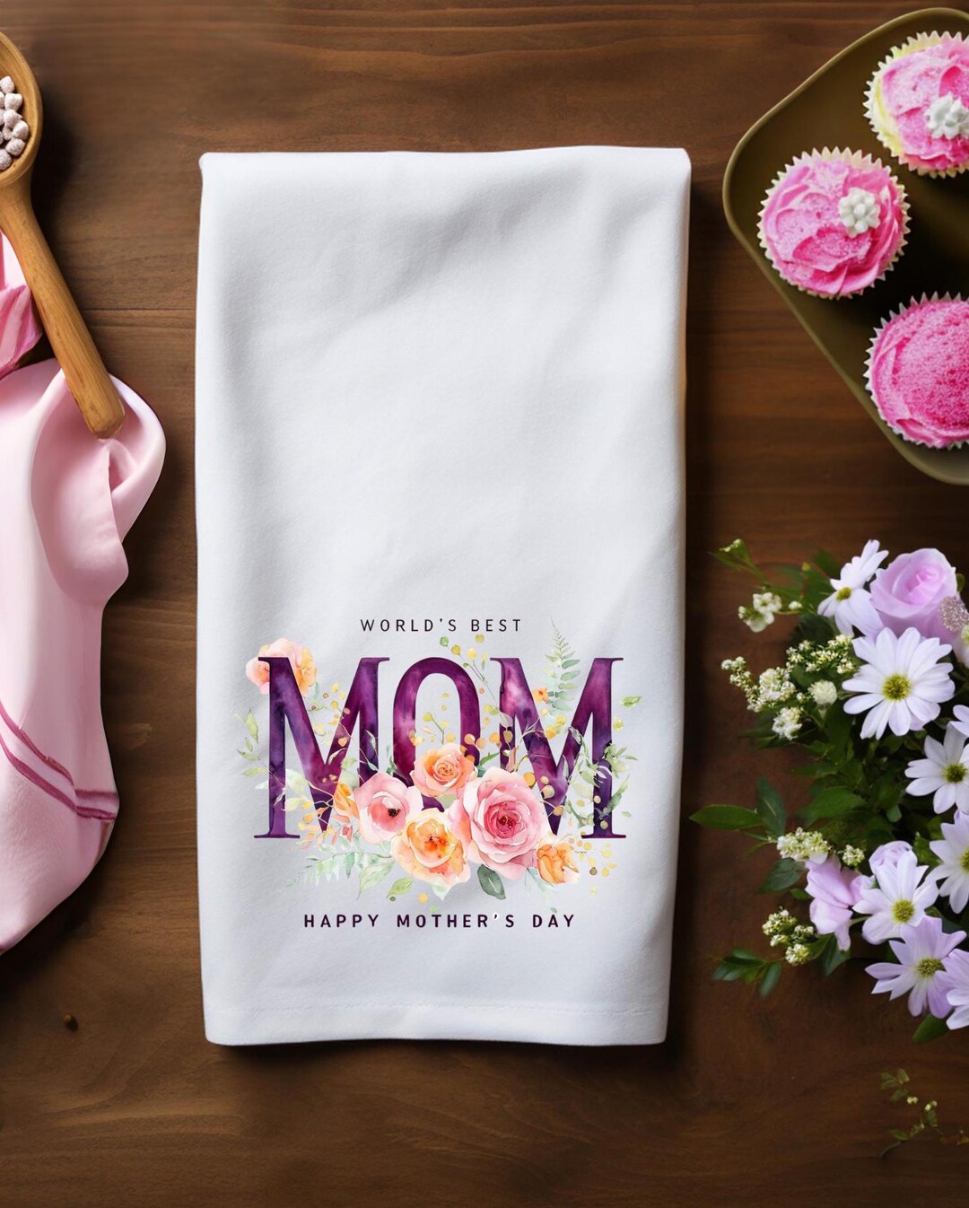 Worlds Best Mom Tea Towel Mothers Day Gift, Floral Kitchen Towel, Mom Gift From Daughter or Son ...