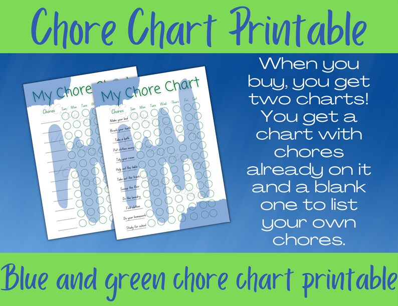 Chore Chart Printable - Blue and Green - Digital Download - PNG - PDF ...