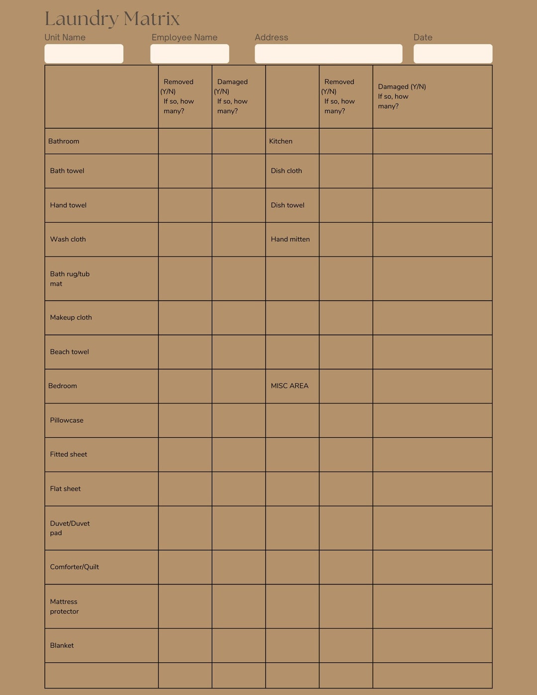 Airbnb Cleaning Laundry Matrix - Etsy