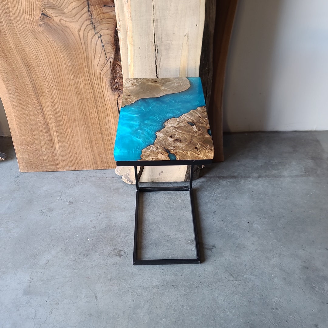 Myrtle Burl Wood Resin C-table With Bahama Blue River Resin Side Table ...