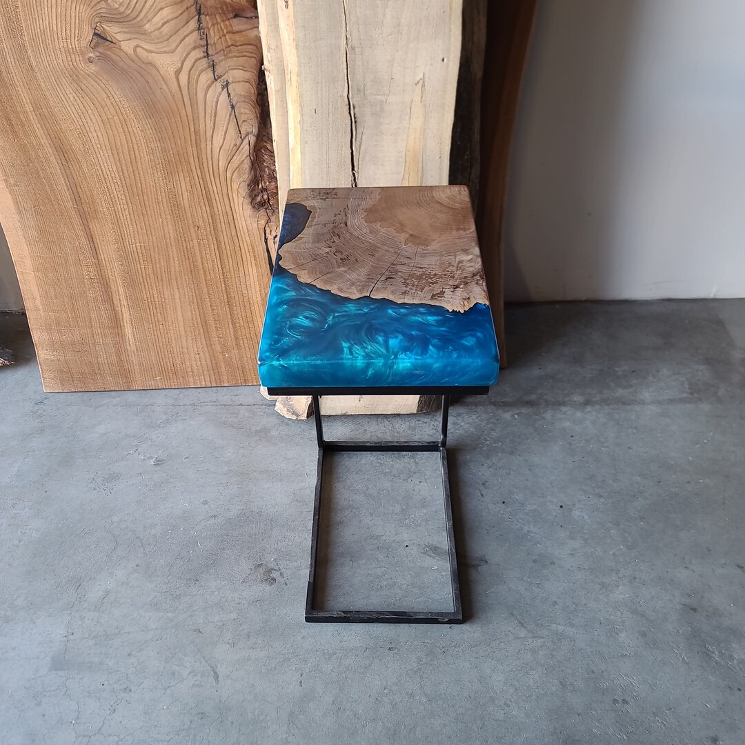 Elm Burl Wood Cookie Resin C-table With Multi-blue River | Resin Side ...
