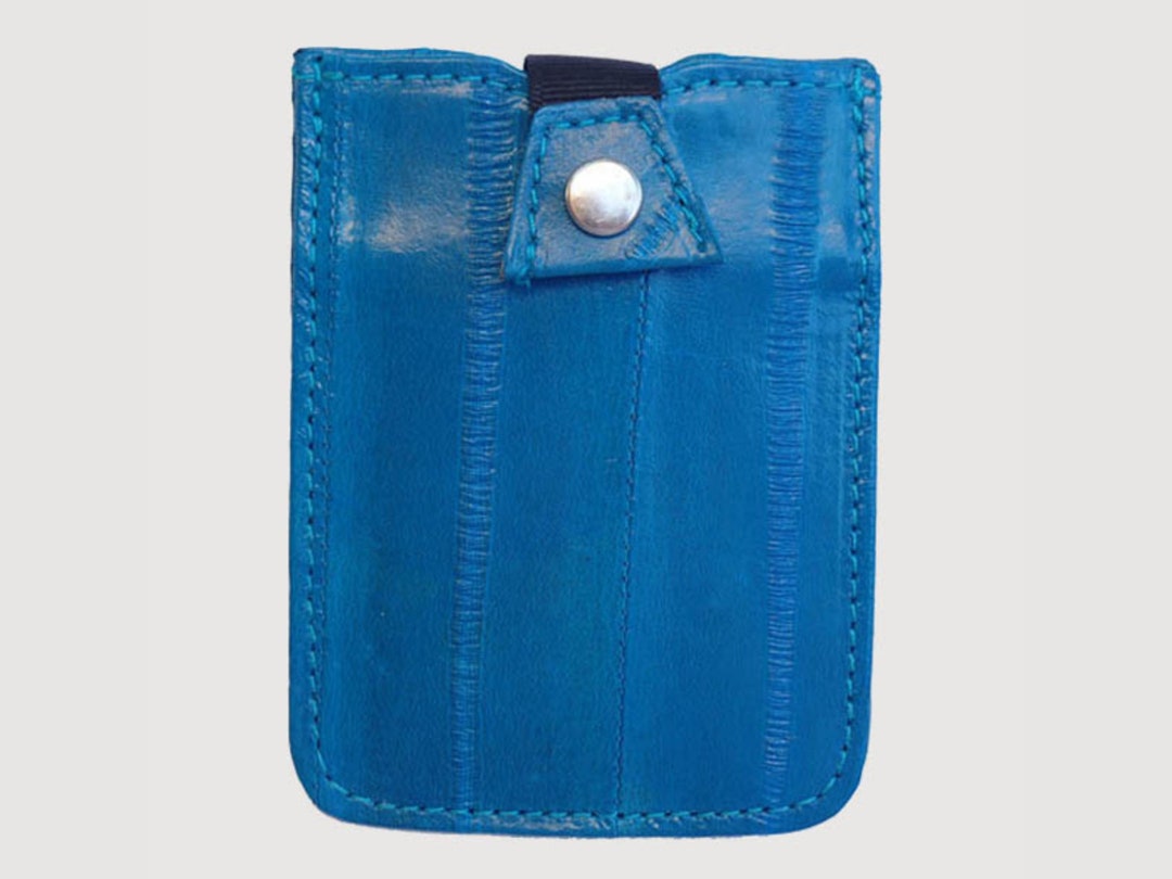 Eel Leather Credit Card Wallet With Pull Tab Cyan Blue Case - Etsy