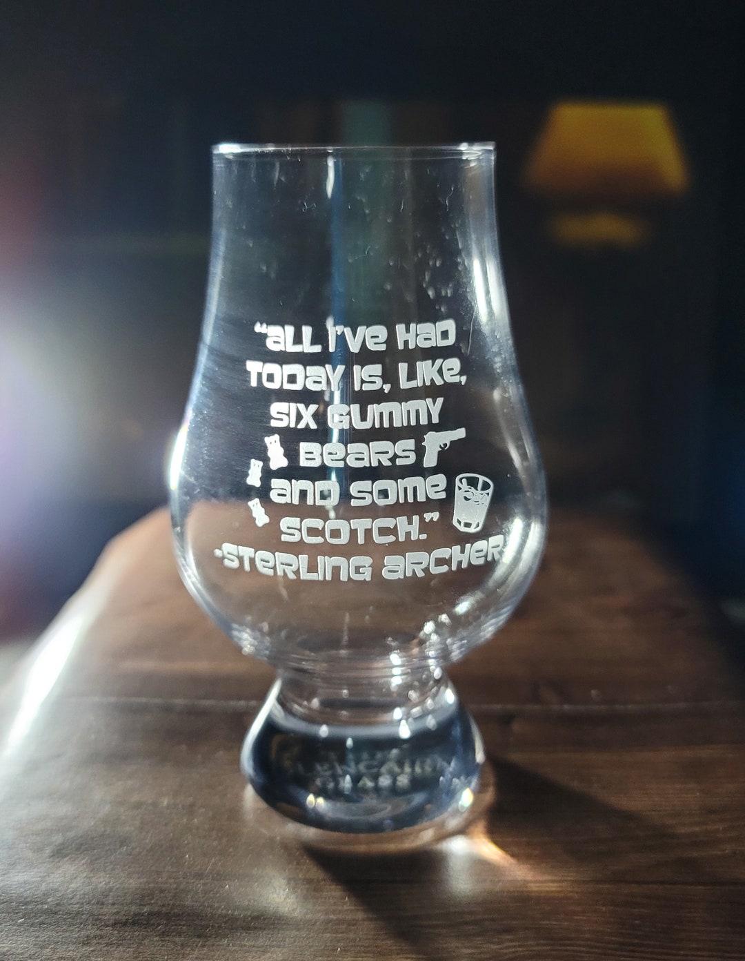 Sterling Archer Themed Glasses, Glengoolie Blue, Gummy Bears and Scotch ...