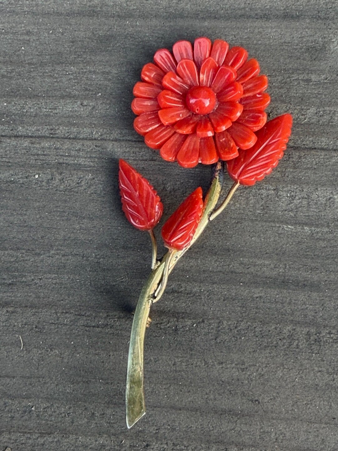 Red Coral Carved Flower Gold Tone Pin Brooch - Etsy