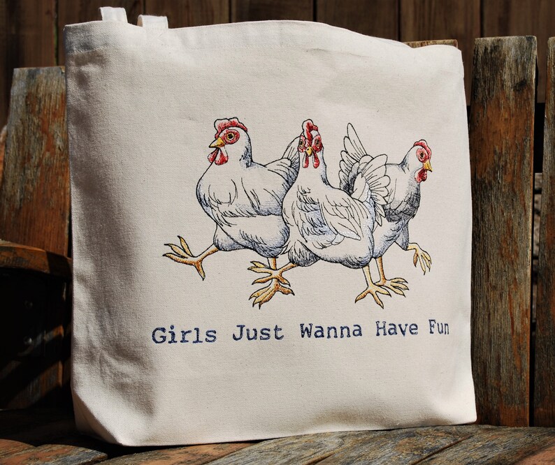 Canvas Tote Bag, Girls Just Wanna Have Fun, Three Dancing Chickens - Etsy