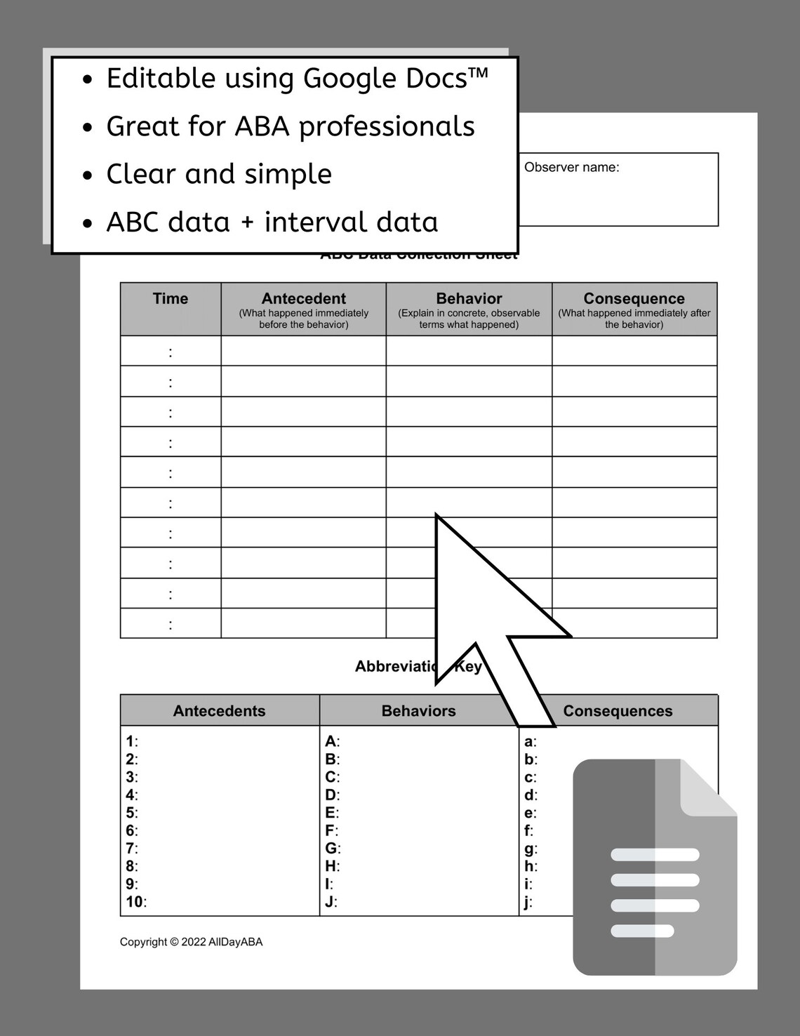 Editable Behavior Data Tracking Sheet ABC Data Form and Interval ...