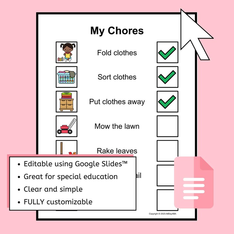Editable Chore Chart With Picture Visuals, Data Sheet for ABA, Doing ...