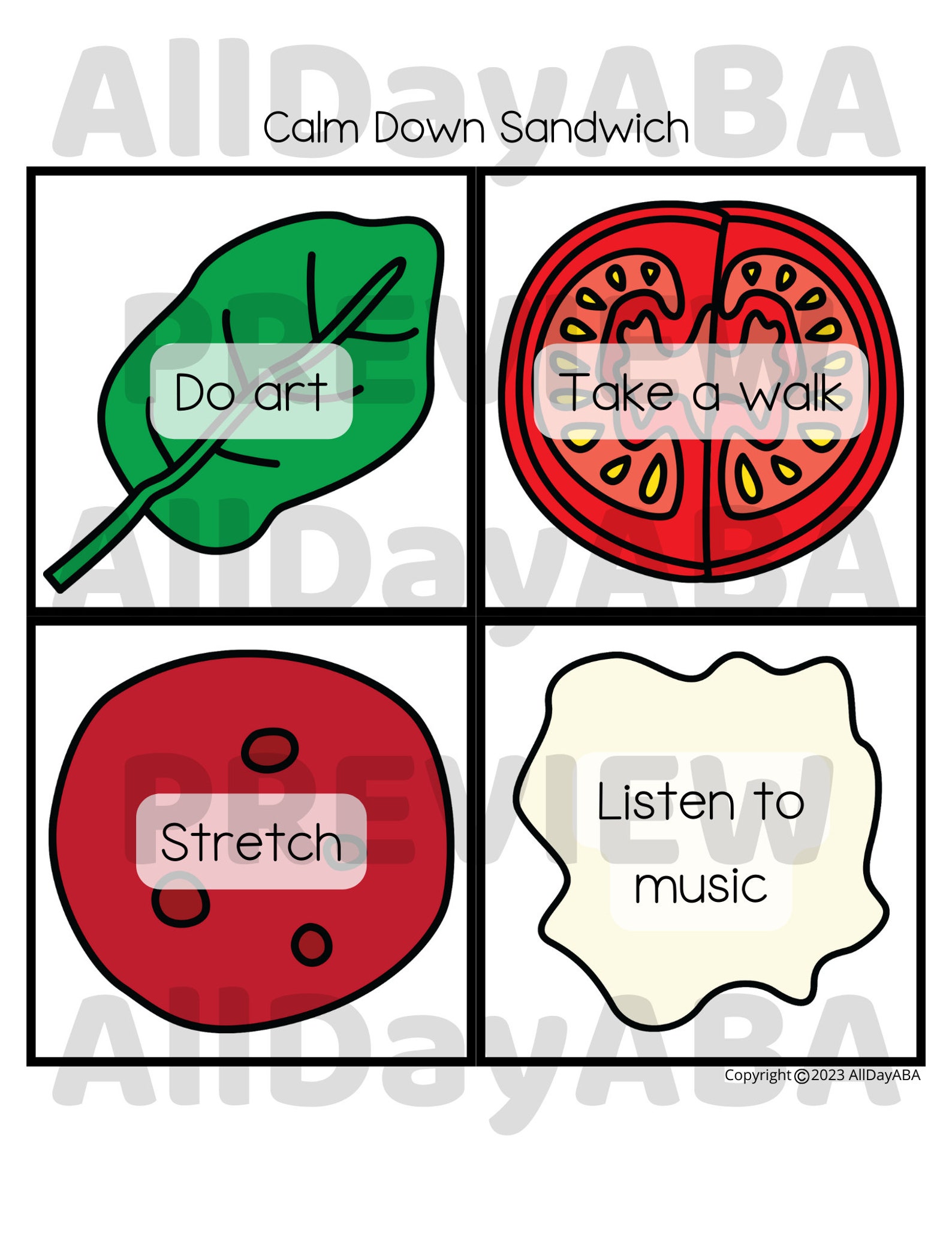 Calm Down Sandwich for Emotional Regulation, Coping Skills, and ABA ...