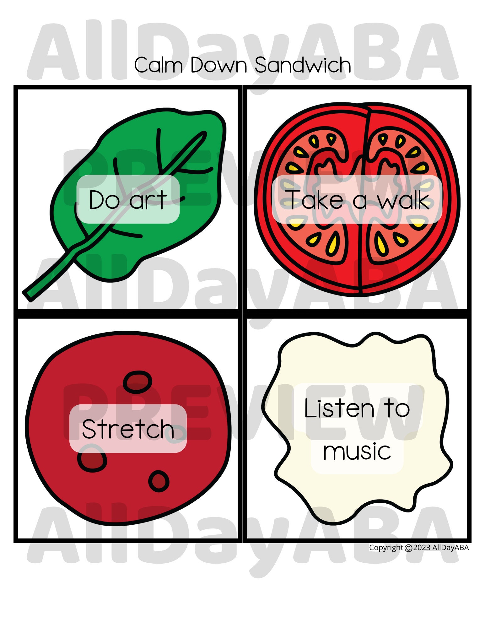 Calm Down Sandwich for Emotional Regulation, Coping Skills, and ABA ...