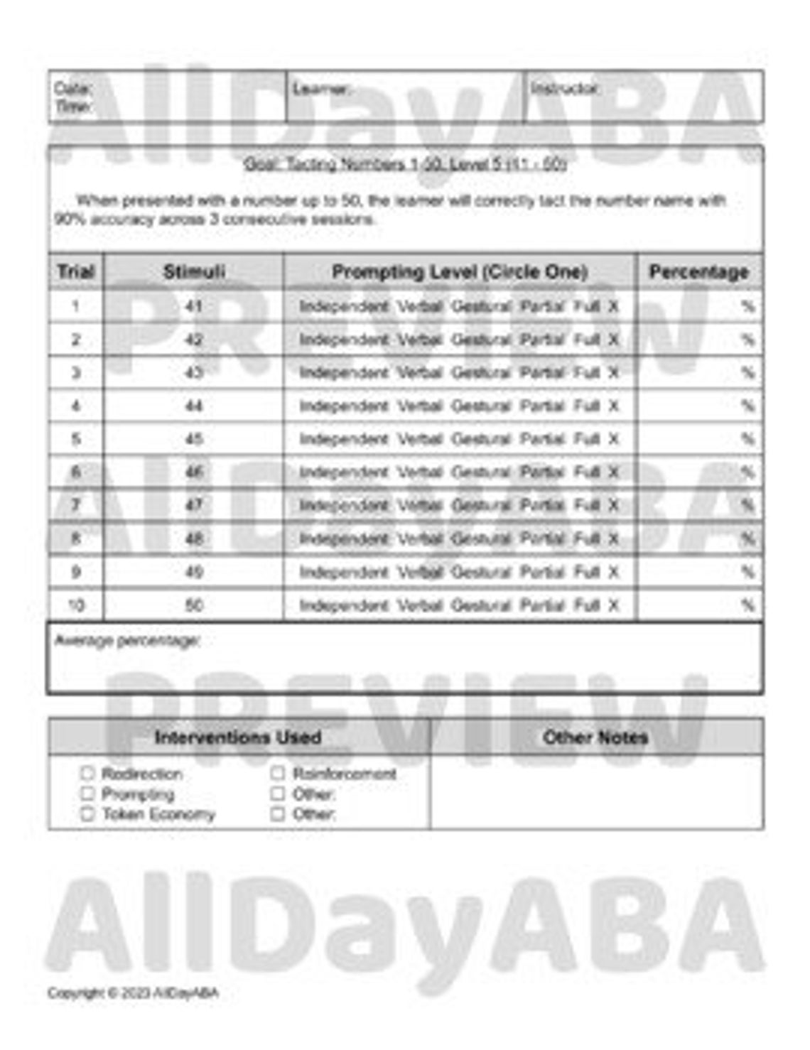 Editable Tacting Numbers 1 to 50 Data Sheet Google Doc™ for Recognition ...