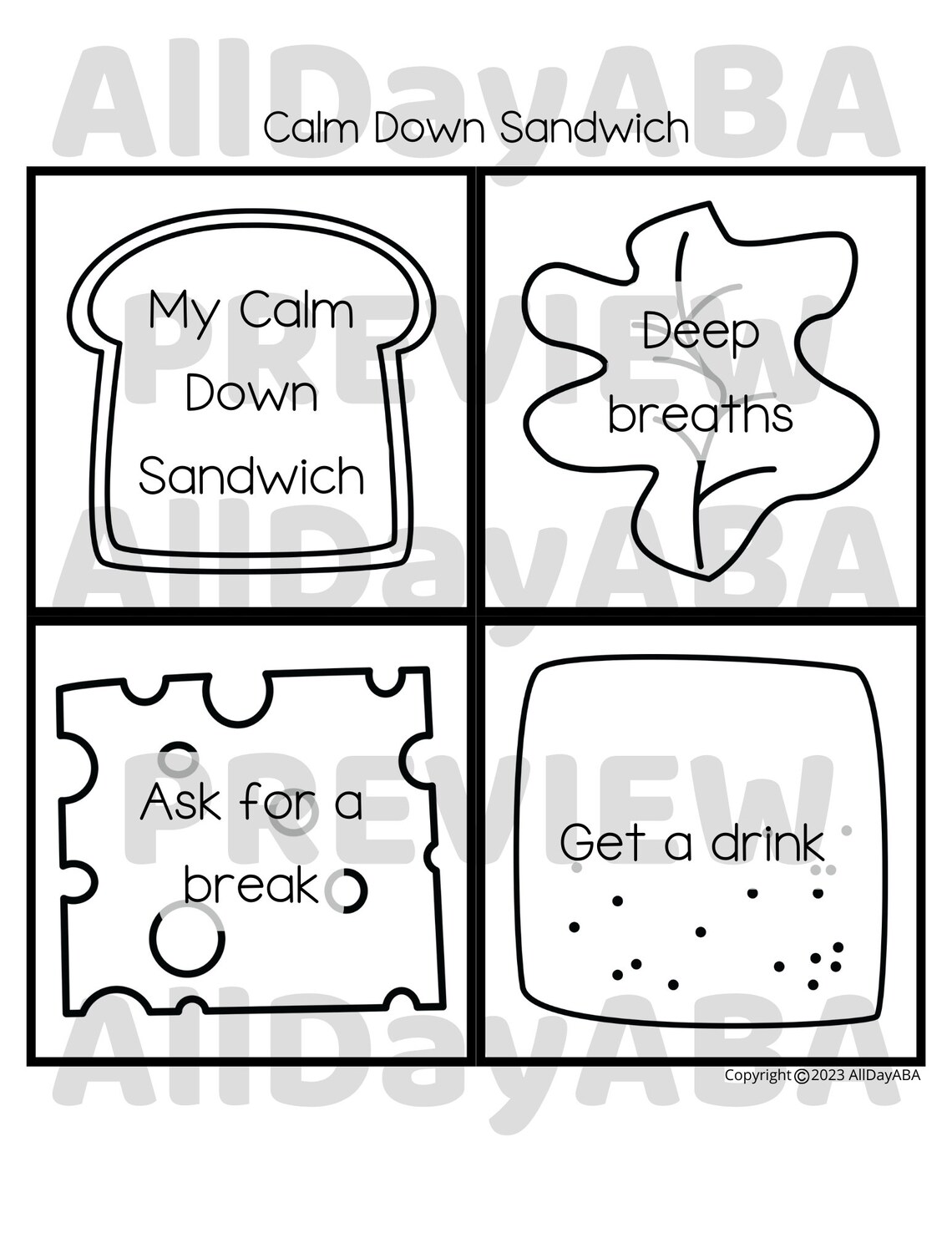 Calm Down Sandwich for Emotional Regulation, Coping Skills, and ABA ...