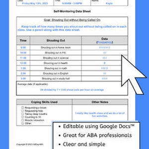 Editable Self-monitoring Data Sheet Google Doc™ for ABA and Special ...