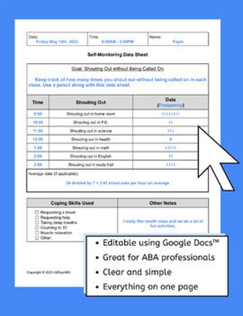 Editable Self-monitoring Data Sheet Google Doc™ for ABA and Special ...