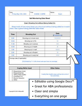 Editable Self-monitoring Data Sheet Google Doc™ for ABA and Special ...