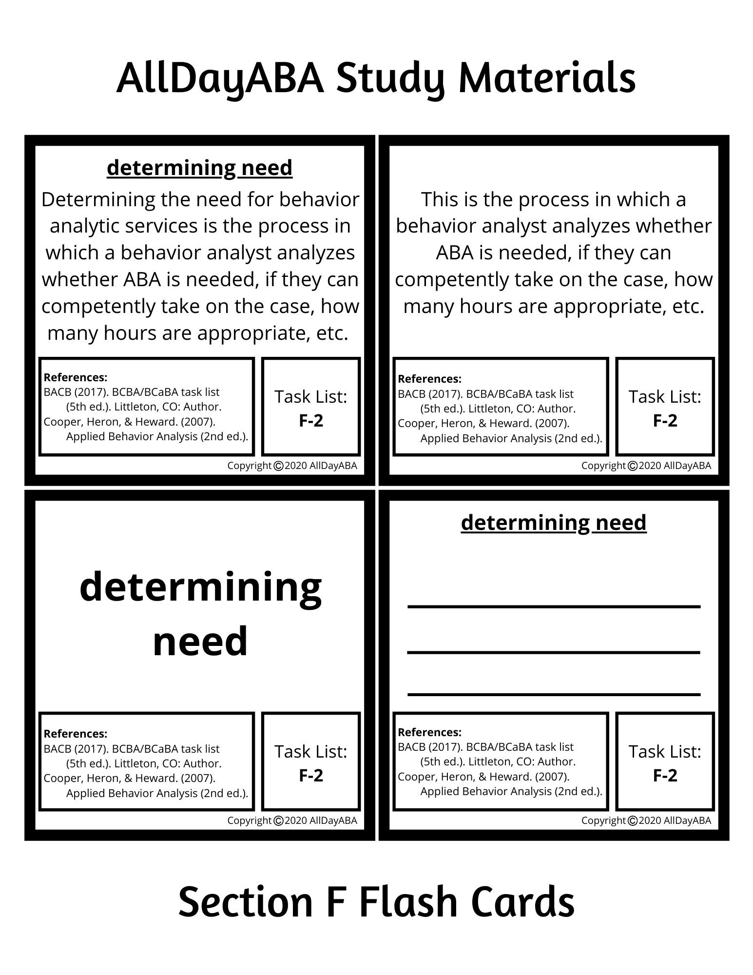 Section F Flash Cards 5th Edition Task List ABA Study Materials BCBA ...