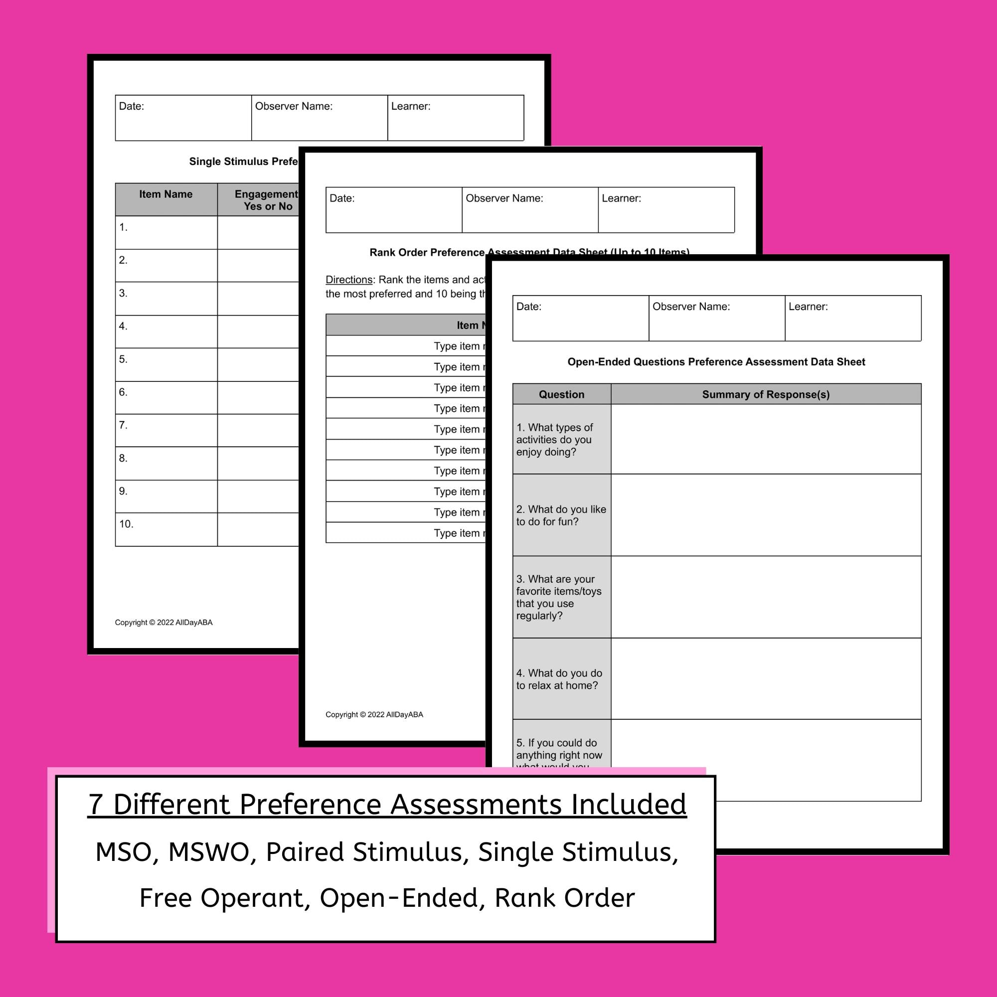 Preference Assessment Data Sheets Bundle With Editable Google Docs™ for ...