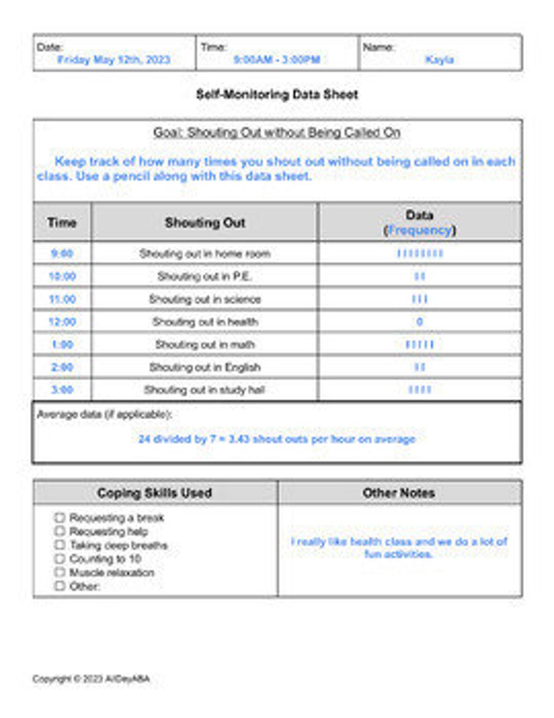Editable Self-monitoring Data Sheet Google Doc™ for ABA and Special ...