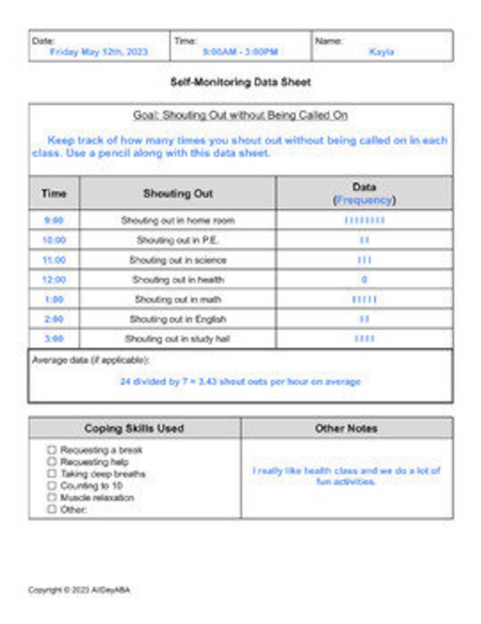 Editable Self-monitoring Data Sheet Google Doc™ for ABA and Special ...