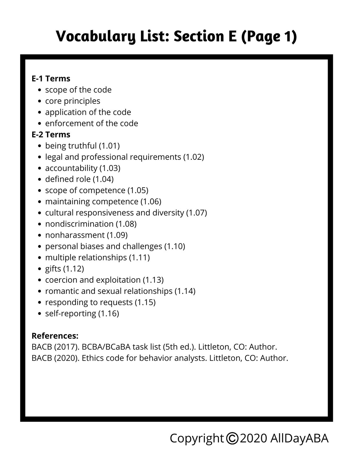 Section E Flash Cards 5th Edition Task List ABA Study Materials BCBA ...