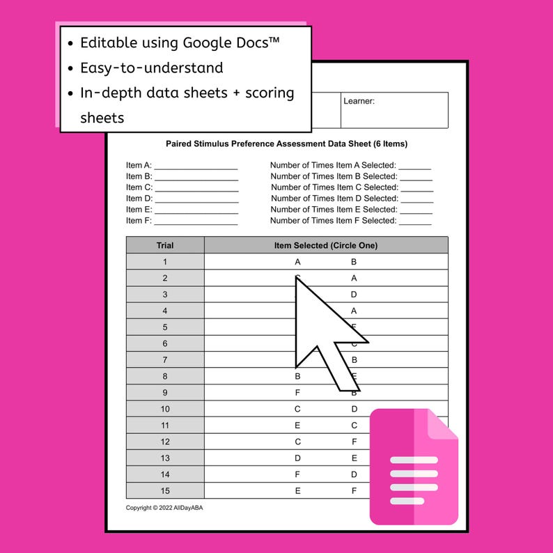 Preference Assessment Data Sheets Bundle With Editable Google Docs™ for ABA Therapy and ...