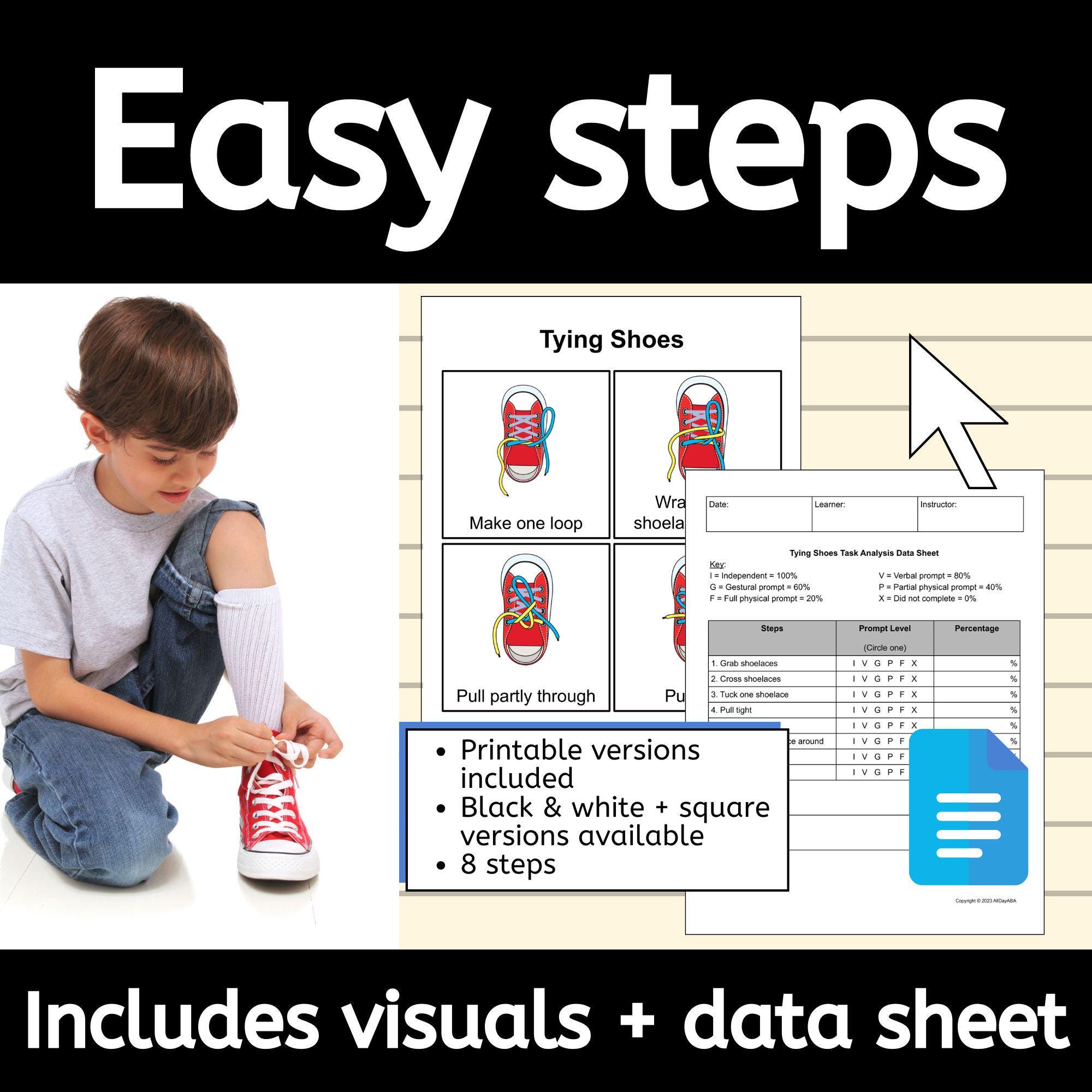 Tying Shoes Task Analysis Visuals Poster for How to Tie and Data Sheet ...