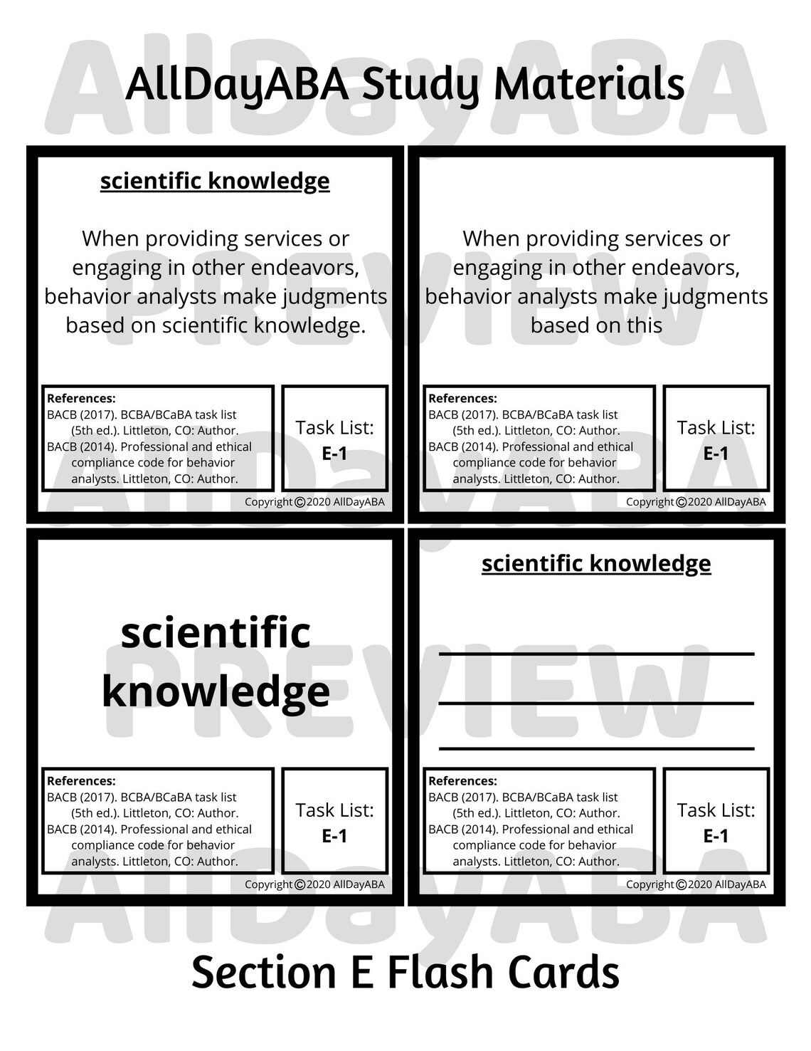 Section E Flash Cards 5th Edition Task List ABA Study | Etsy