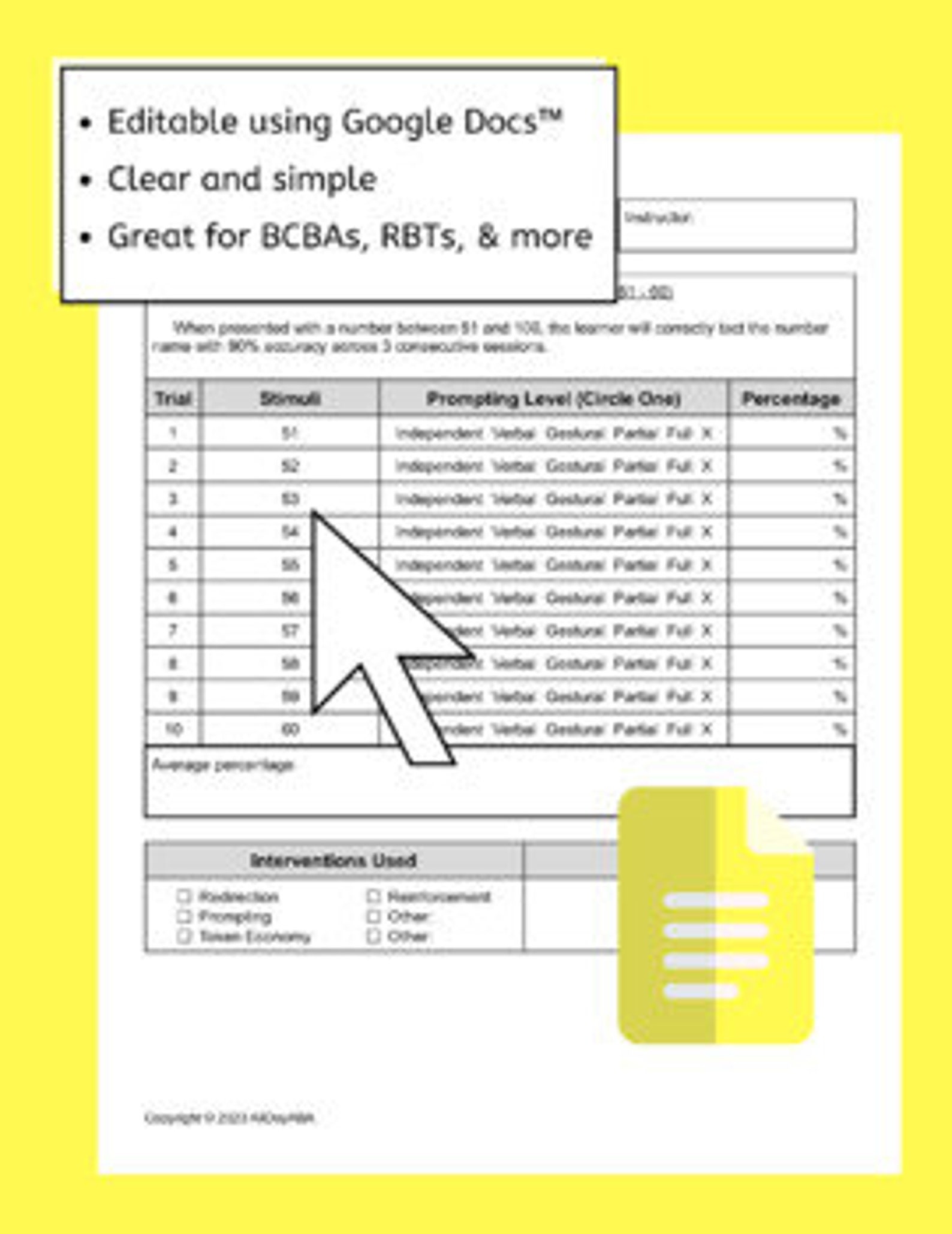 Editable Tacting Numbers 51 to 100 Data Sheet Google Doc™ for ...