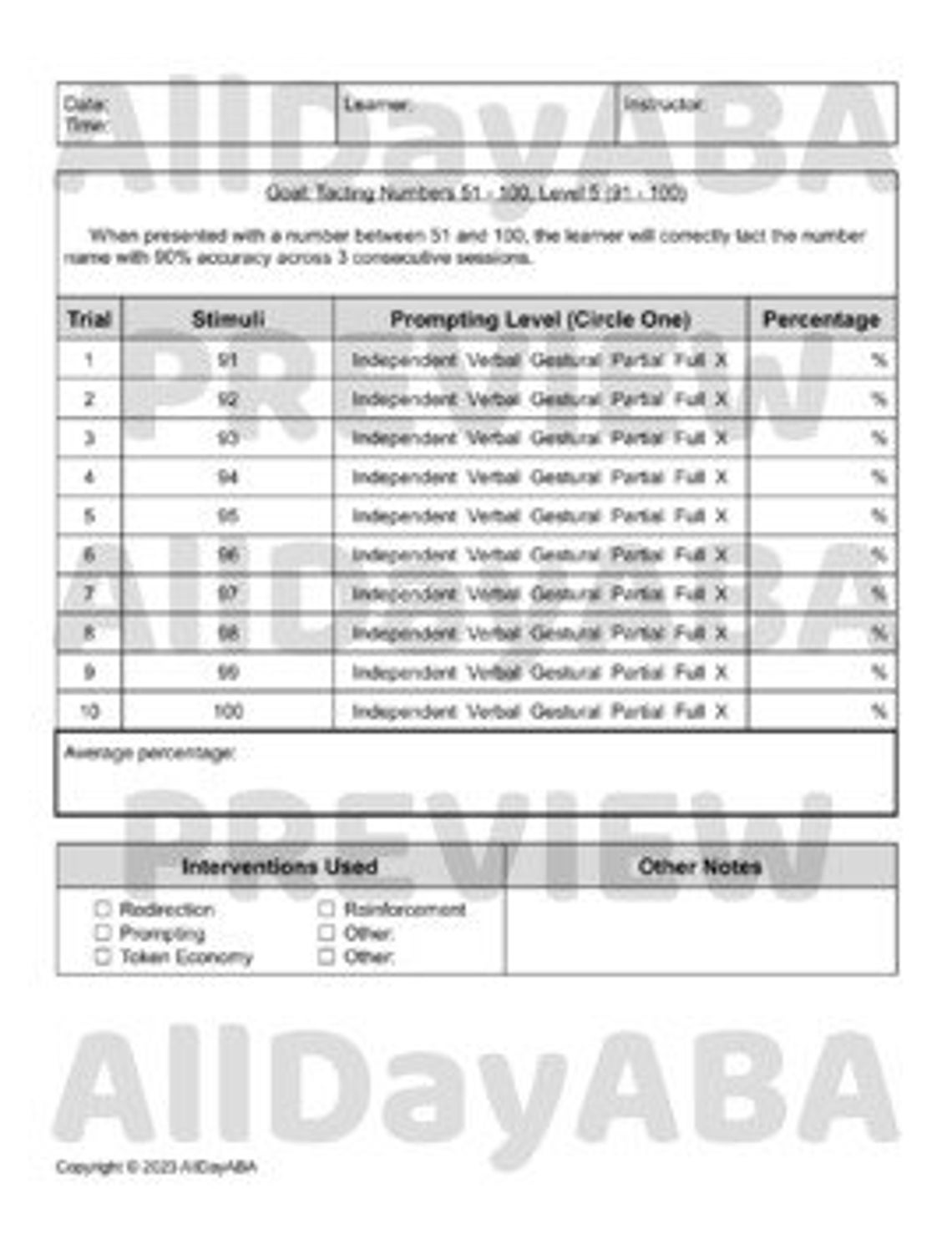 Editable Tacting Numbers 51 to 100 Data Sheet Google Doc™ for Recognition in ABA - Etsy
