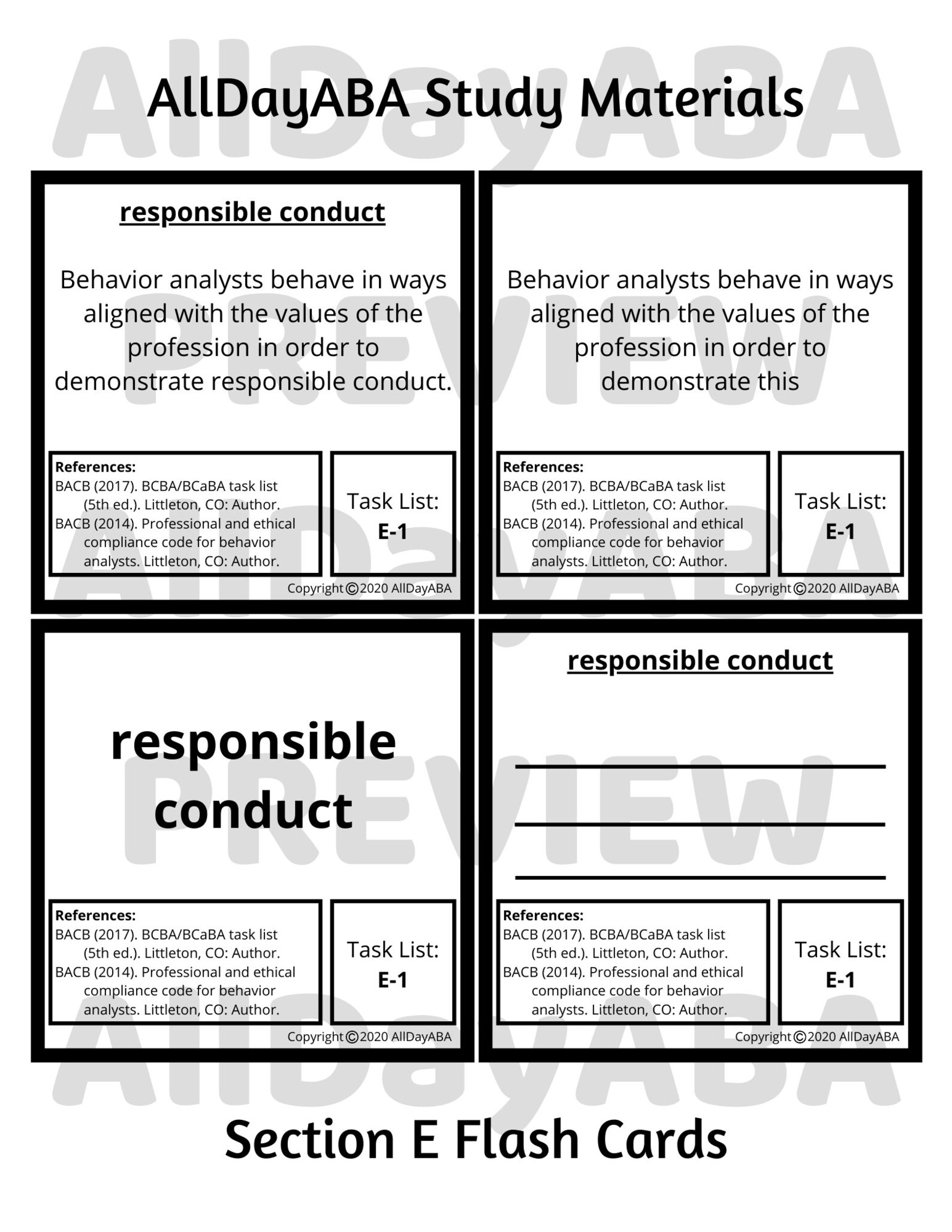 Section E Flash Cards 5th Edition Task List ABA Study | Etsy