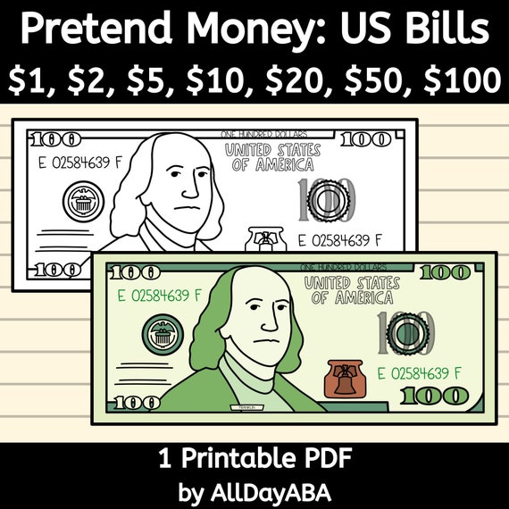 Pretend Money US Bill Play Money Printable Pretend Play | Etsy