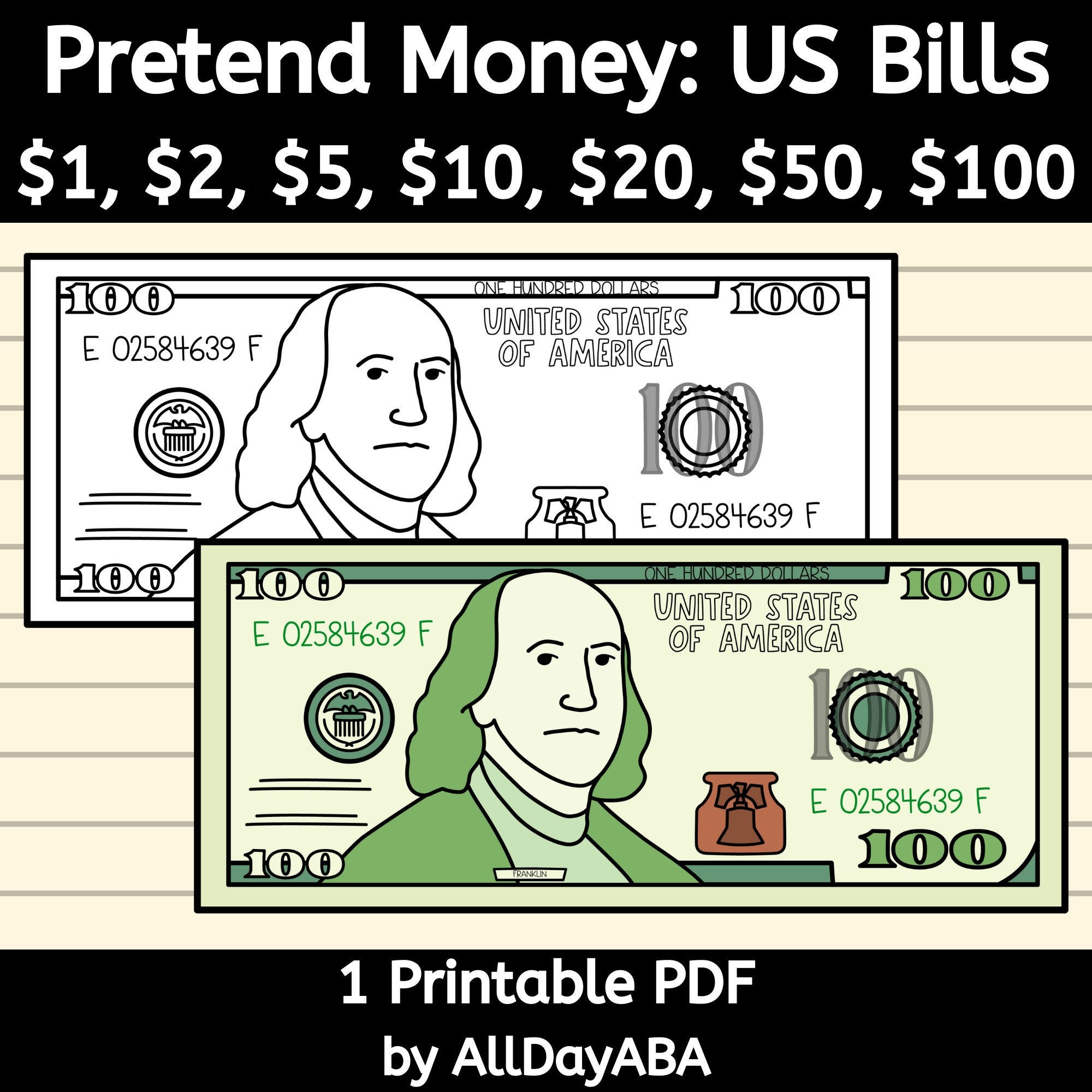 Pretend Money US Bill Play Money Printable Pretend Play - Etsy