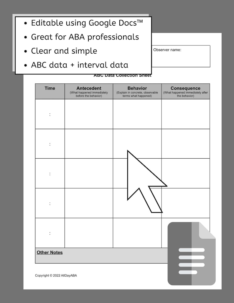 Editable Behavior Data Tracking Sheet ABC Data Form and Interval ...