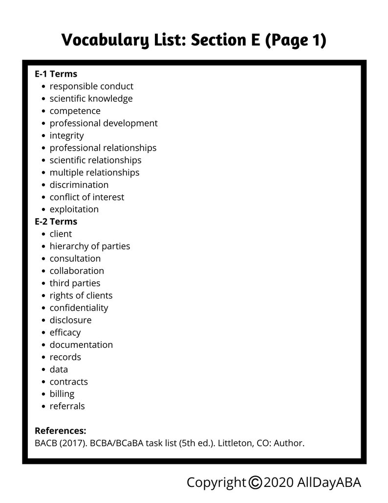 Section E Flash Cards 5th Edition Task List ABA Study | Etsy
