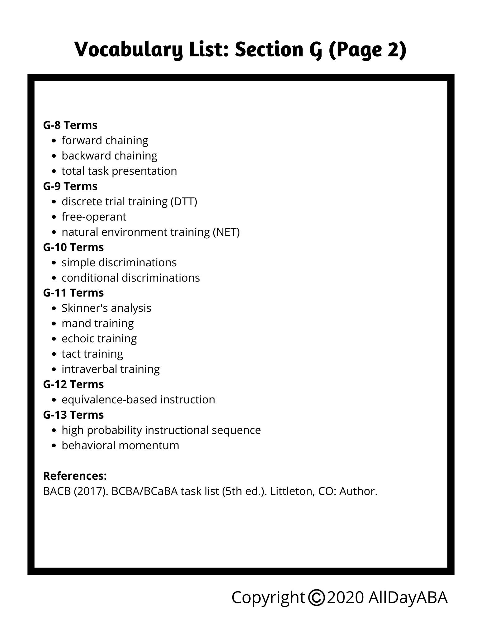 Section G Flash Cards 5th Edition Task List ABA Study Materials BCBA ...
