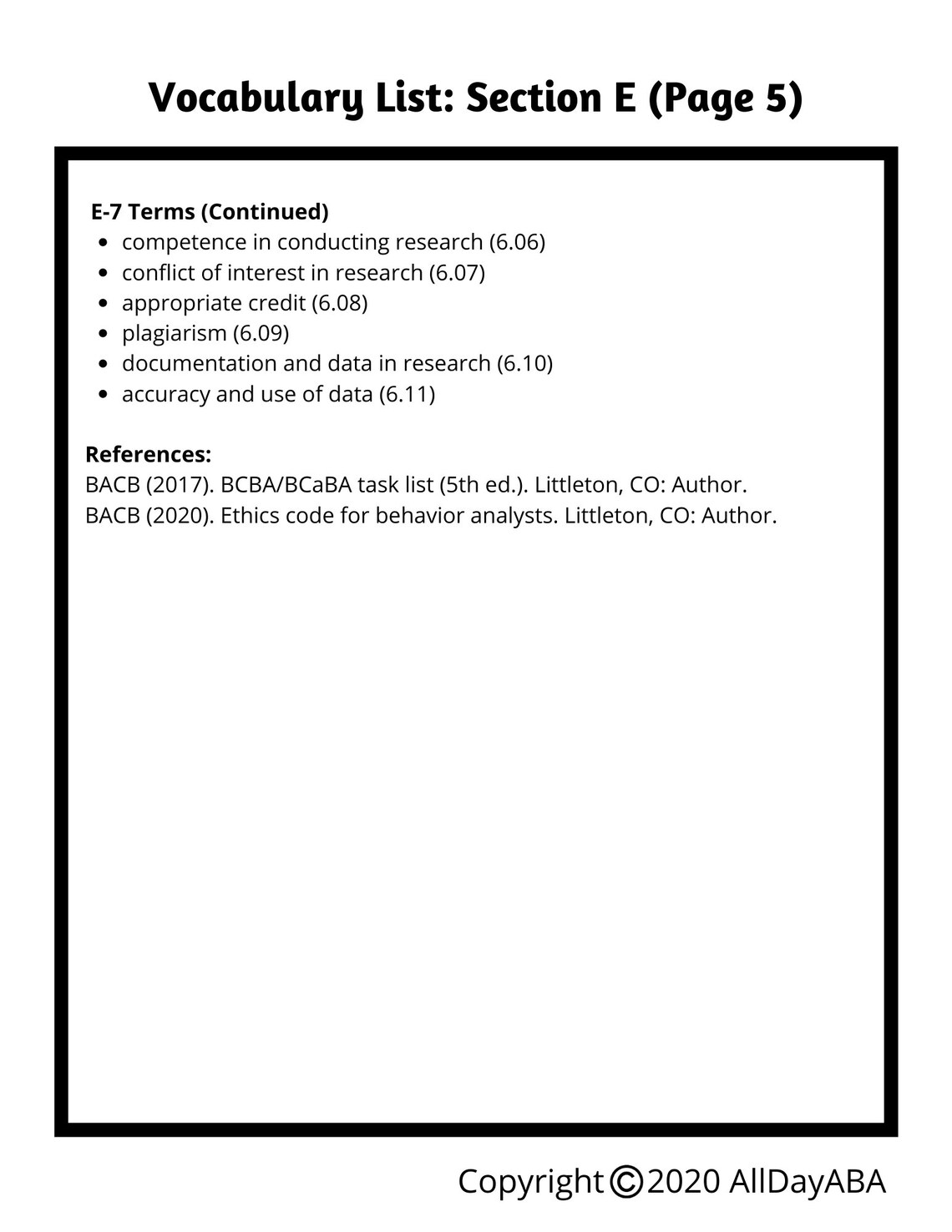 Section E Flash Cards 5th Edition Task List ABA Study Materials BCBA ...