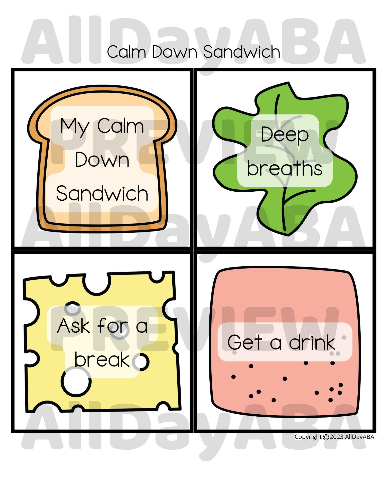 Calm Down Sandwich for Emotional Regulation, Coping Skills, and ABA ...