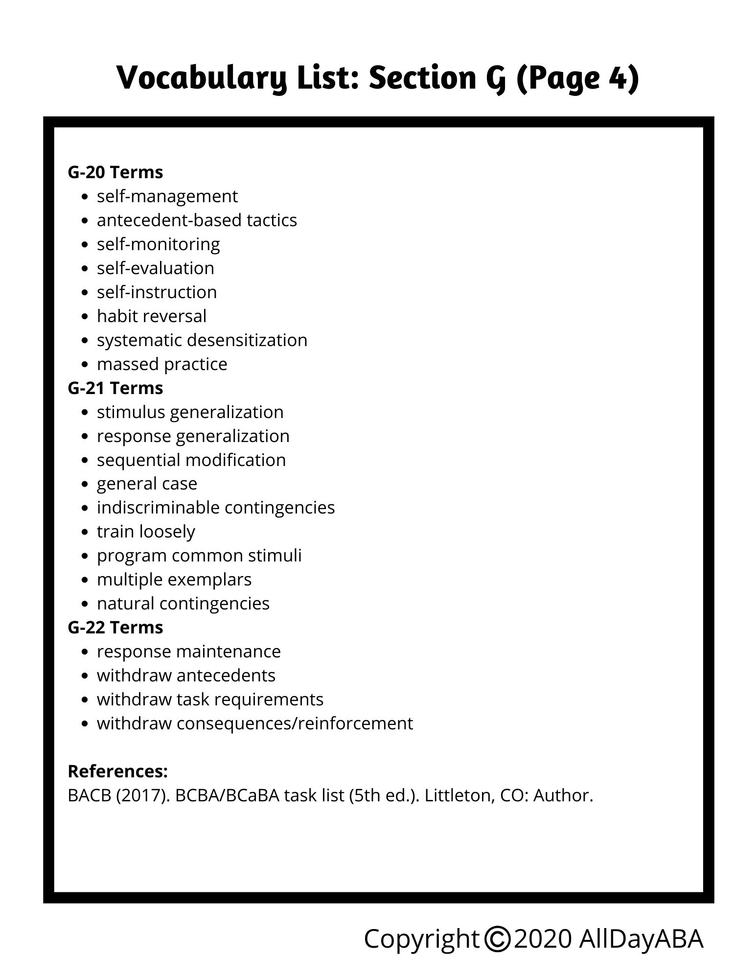 Section G Flash Cards 5th Edition Task List ABA Study Materials BCBA ...