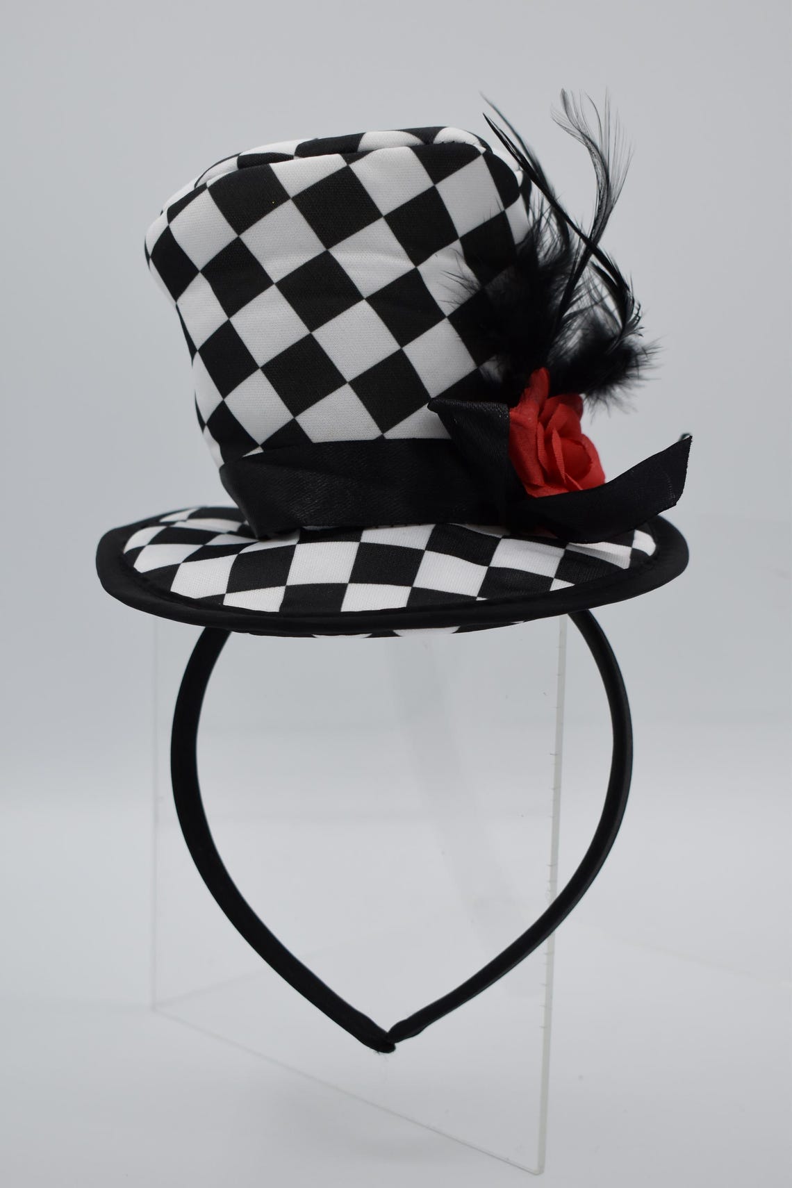 Womens Soft Mini Checkered Top Hat Headband Harlequin Clown Rose Circus ...
