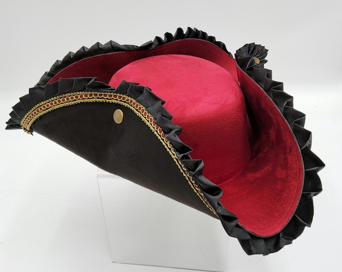 Deluxe Black and Maroon Tricorn Tricorner Pirate Hat Buccaneers Cap ...