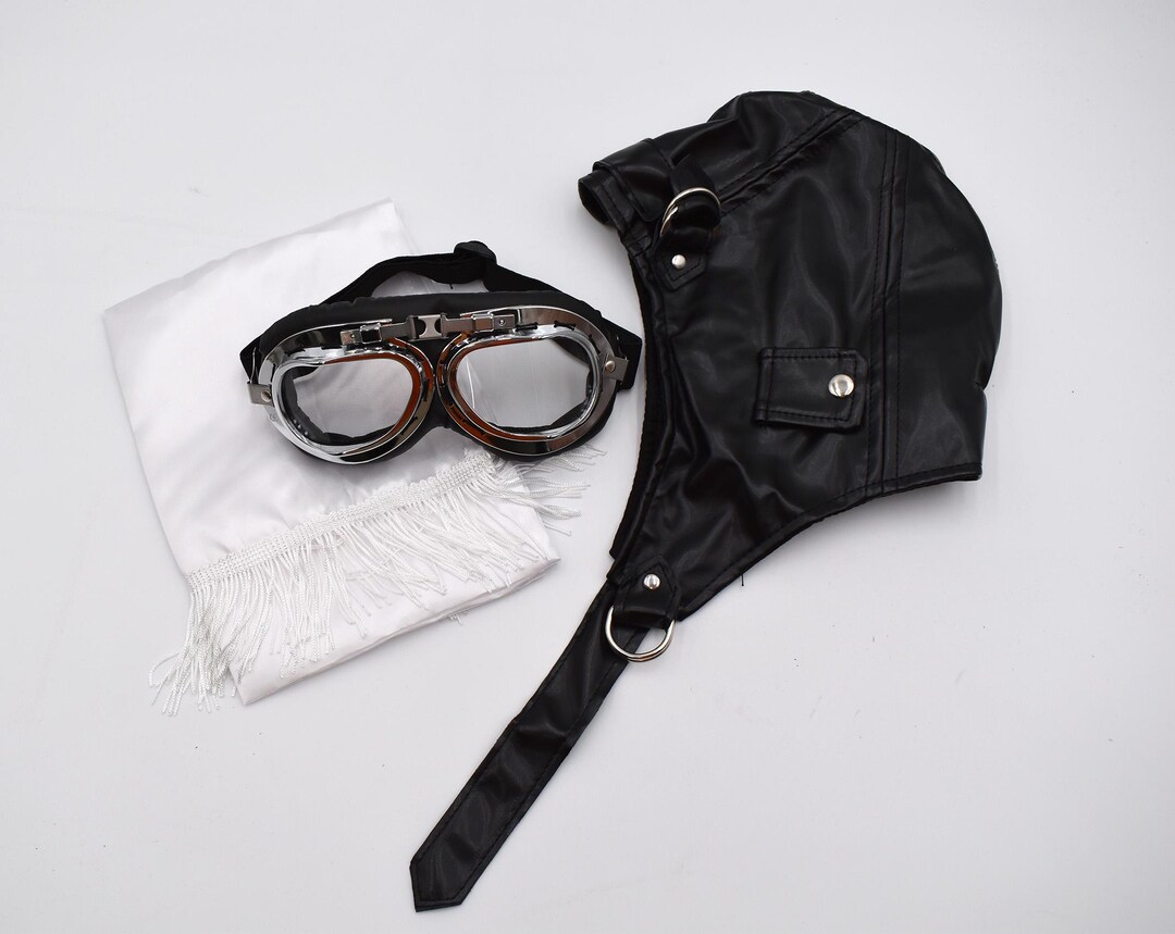 Adult Teens Deluxe Vinyl Vintage Pilot Aviator Helmet Goggles and Scarf ...