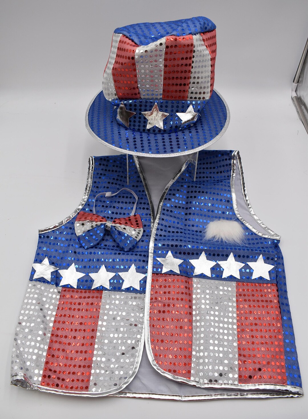 Adult Teen Deluxe Funny Uncle Sam Top Hat Vest Bowtie Beard Sequin ...