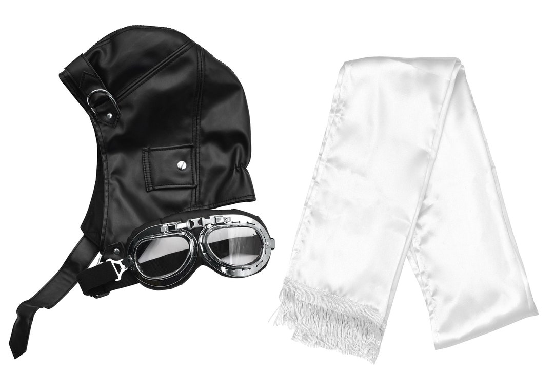 Adult Teens Deluxe Vinyl Vintage Pilot Aviator Helmet Goggles and Scarf ...