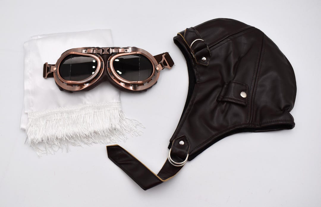 Adult Teens Deluxe Vinyl Vintage Pilot Aviator Helmet Goggles and Scarf ...