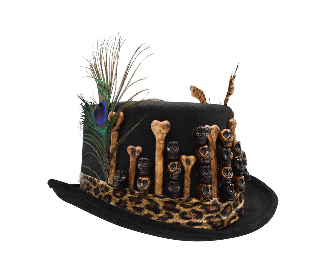 Unisex Adult Black Voodoo King Top Hat Skull Bones Feather Witch Doctor ...