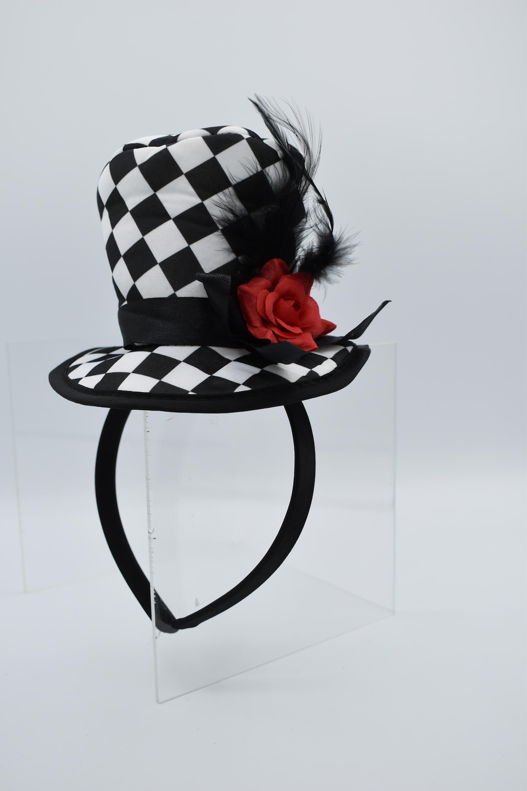 Womens Soft Mini Checkered Top Hat Headband Harlequin Clown Rose Circus ...