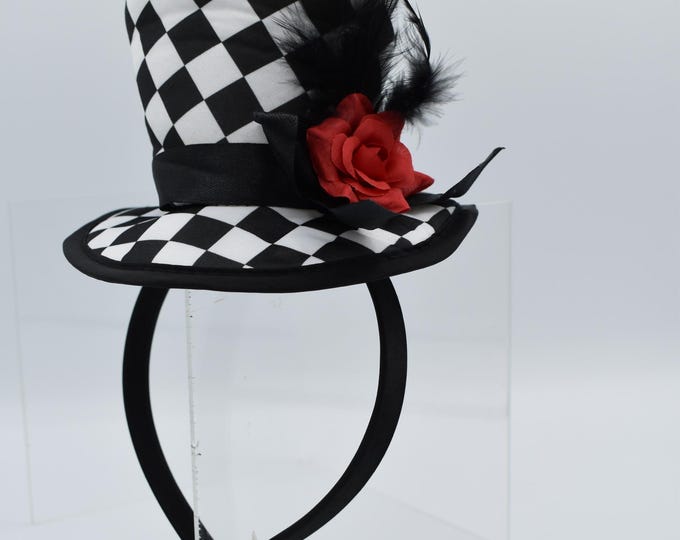 Womens Soft Mini Checkered Top Hat Headband Harlequin Clown Rose Circus ...