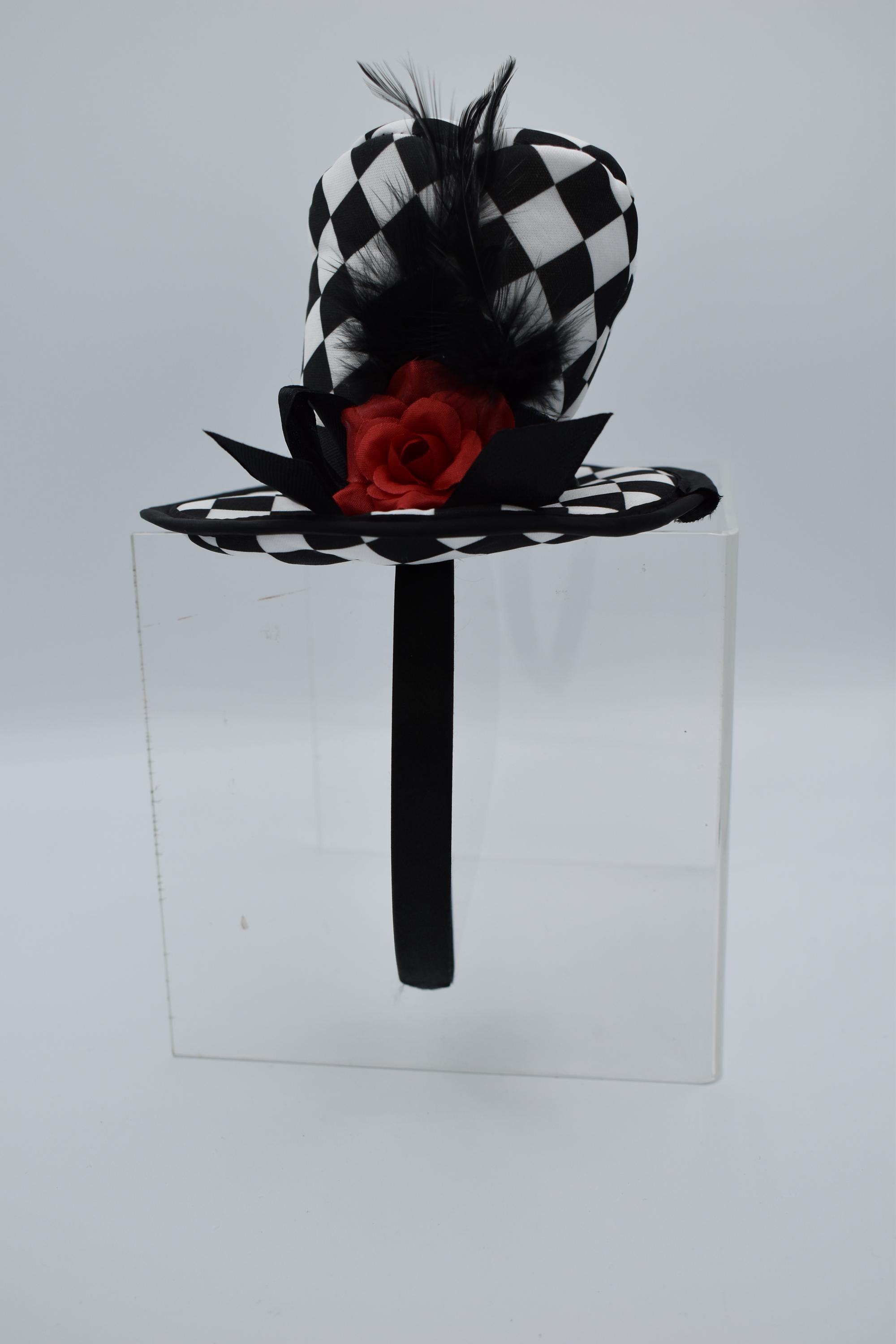 Womens Soft Mini Checkered Top Hat Headband Harlequin Clown Rose Circus ...