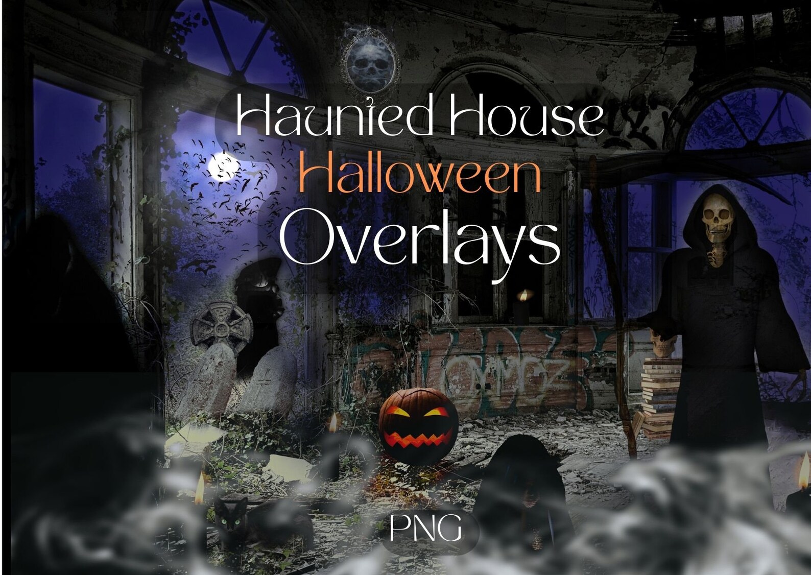 Haunted House, Halloween PNG Overlays. High Quality, Digital ...