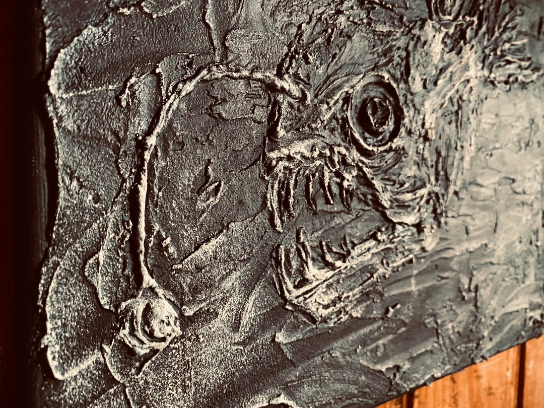 Realistic Textured Angler Fish Fossil Oil Painting Unique Fish Bone ...
